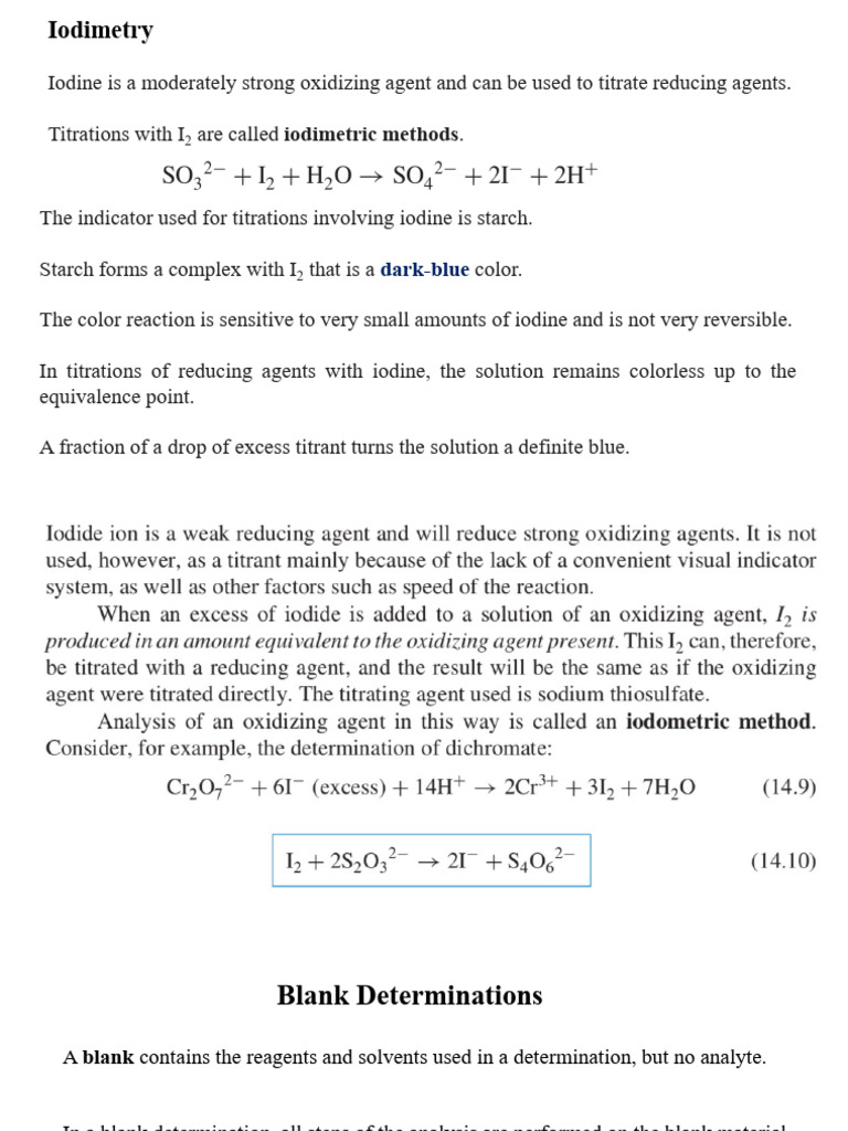 Iodimetry: Iodimetric Methods | PDF | Titration | Chemistry