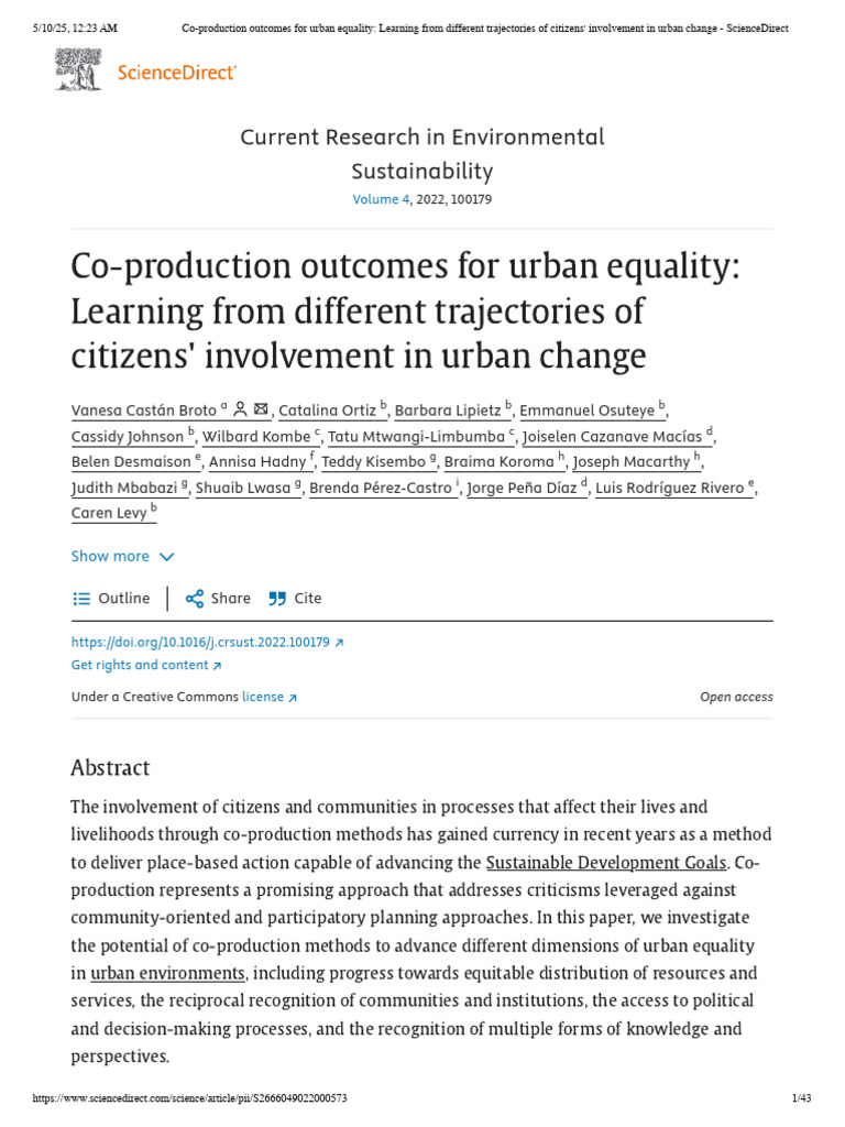 Co-Production Outcomes For Urban Equality - Learning From Different Trajectories of Citizens ...