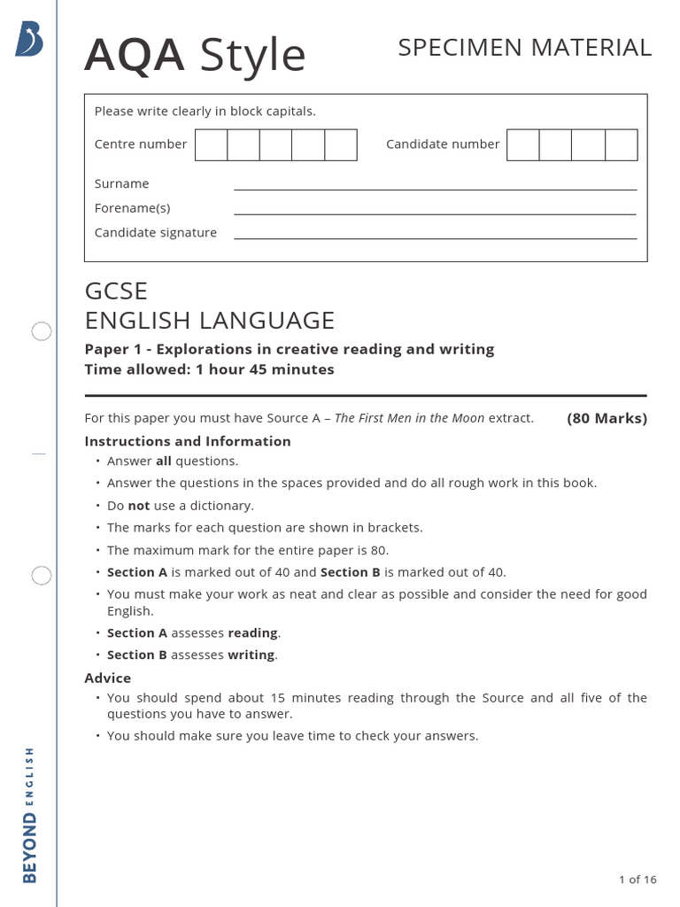AQA Style Exam 1 - Explorations in Creative Reading and Writing | PDF