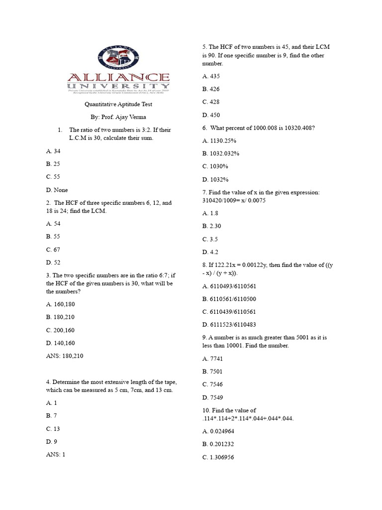 Quantitative Aptitude Test MBA Sec I | PDF | Numbers | Quantity