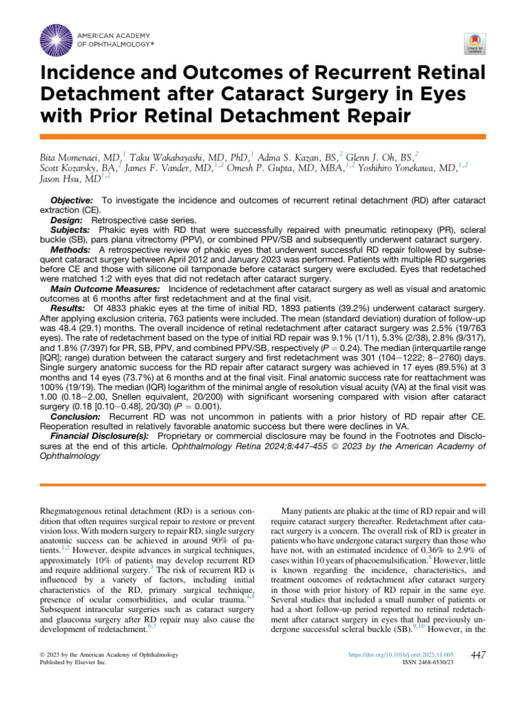 Incidence and Outcomes of Recurrent Retinal Detach | PDF | Cataract | Eye