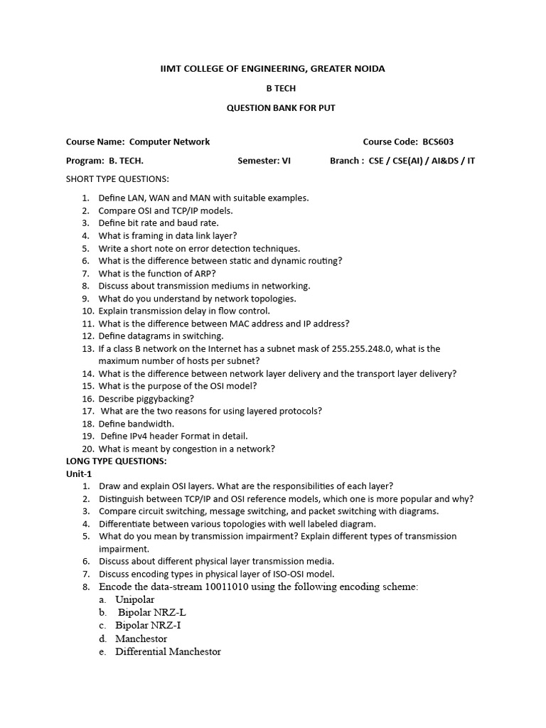Model Question Bank Upto Unit 1 To 3 | PDF | Computer Network | Internet Protocols