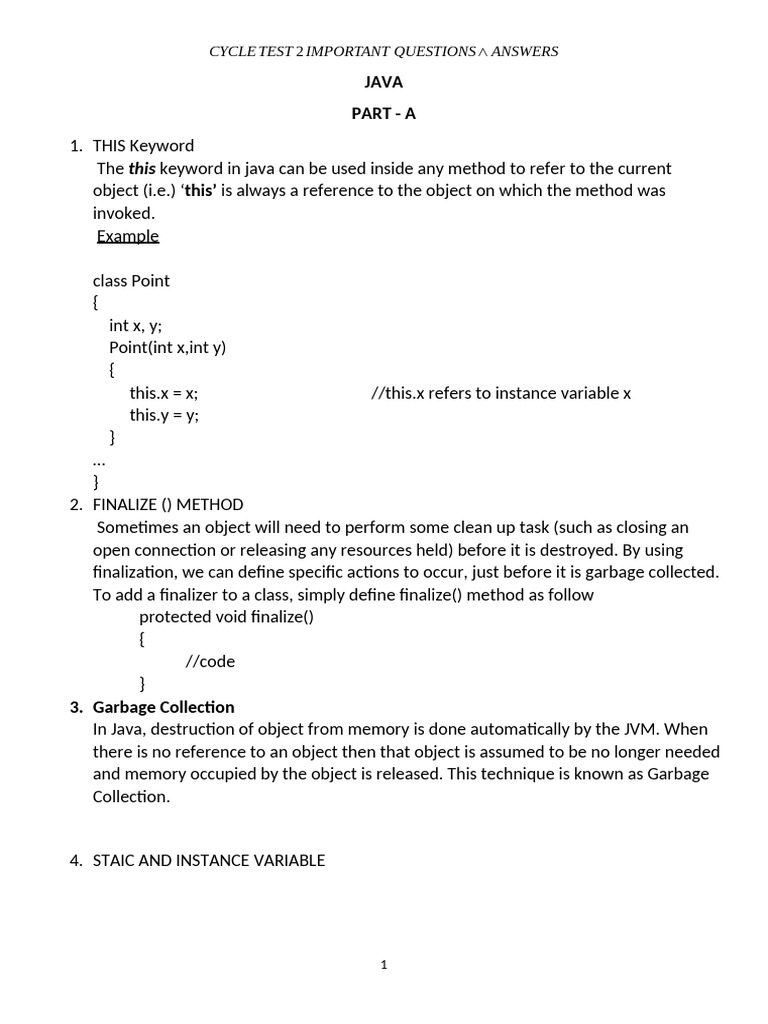 Cycle Test 2 Important Questions and Answers | PDF | Class (Computer ...