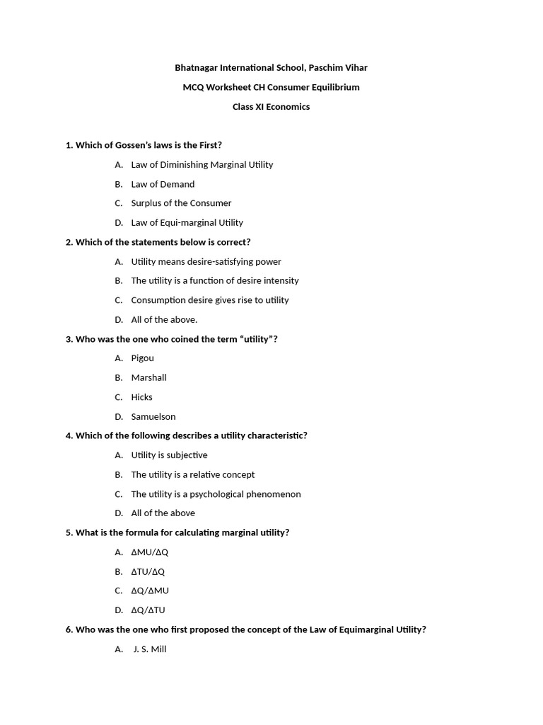 MCQ Worksheet Consumer equilibrium | PDF | Utility | Marginal Utility