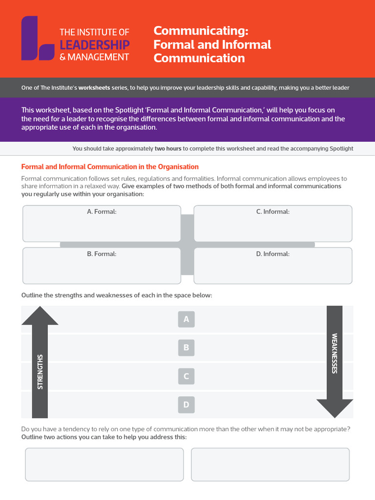 ILM Worksheet Formal and Informal Communication Understand Level | PDF ...