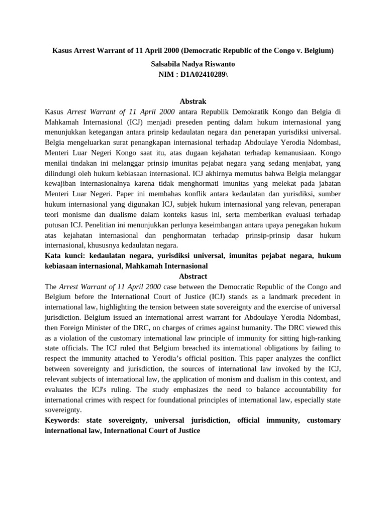 Analisis Arrest Warrant ICJ 2002 | PDF