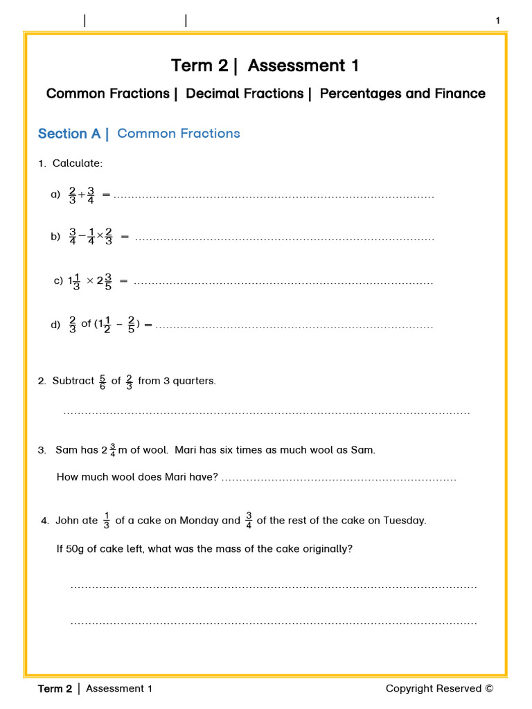 Grade 7 Math Assessment: Fractions & Percentages | PDF | Arithmetic ...