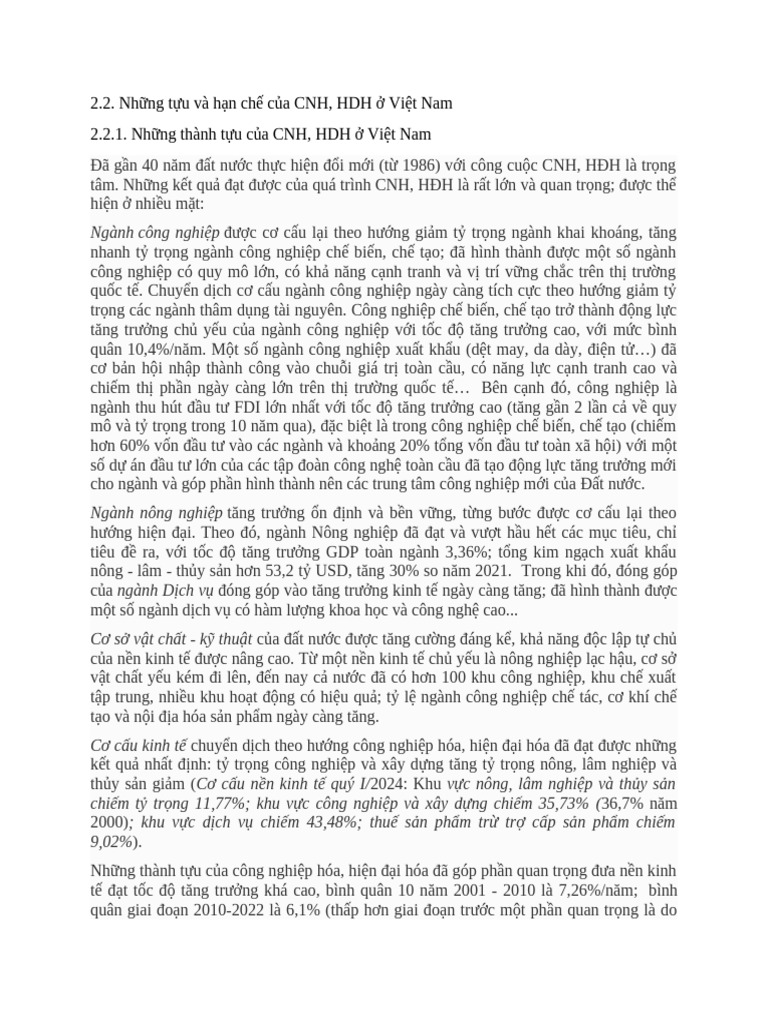 2.2. Những thành tựu và hạn chế của CNH,HDH ở Việt Nam | PDF