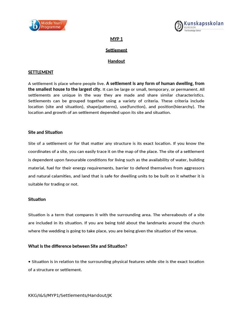 MYP 1 Settlement Handout | PDF | Natural Environment