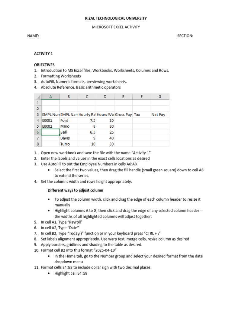 HAND OUT Activity 1 6 | PDF | Microsoft Excel | Worksheet