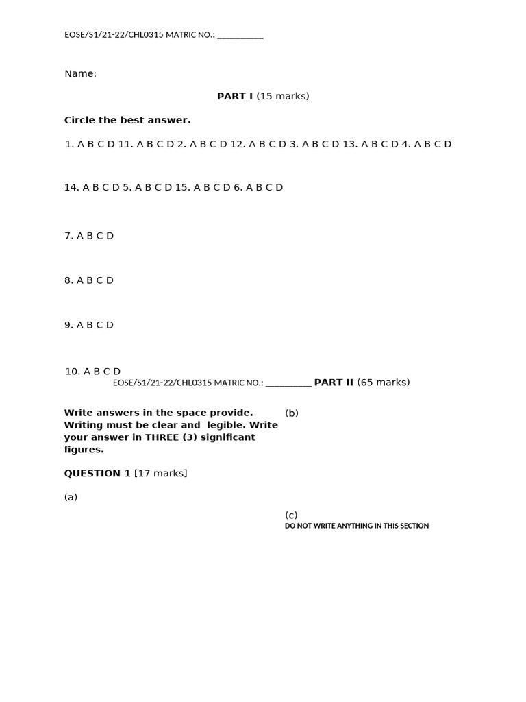 Student Answer Booklet - CHL0315 | PDF
