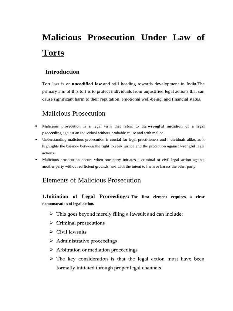 Malicious Prosecution Under Law of Torts | PDF | Malicious Prosecution ...