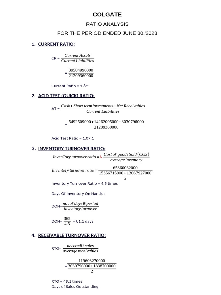 Ratios Colgate Company (Financial Accounting) Assignment | PDF ...