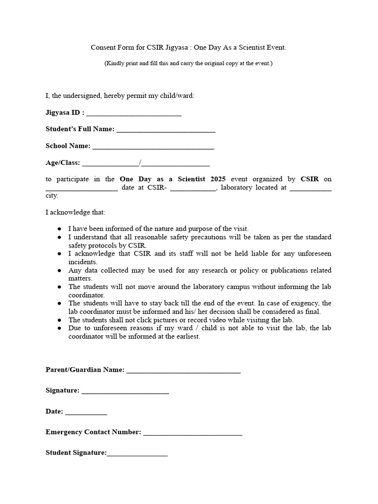 Consent Form for CSIR Jigyasa Event | PDF