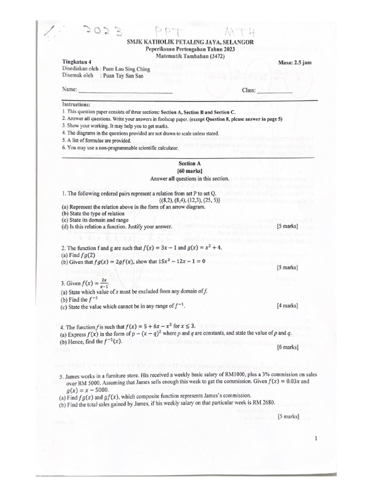 F4 Add Maths Past Year 2023 1ST Term | PDF