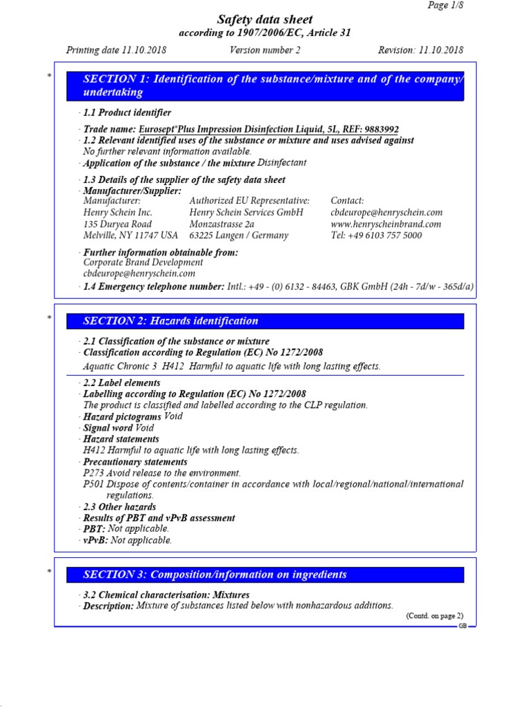 Safety Data Sheet Za Dezinfekcijsko Sredstvo | PDF | Dangerous Goods | Toxicity
