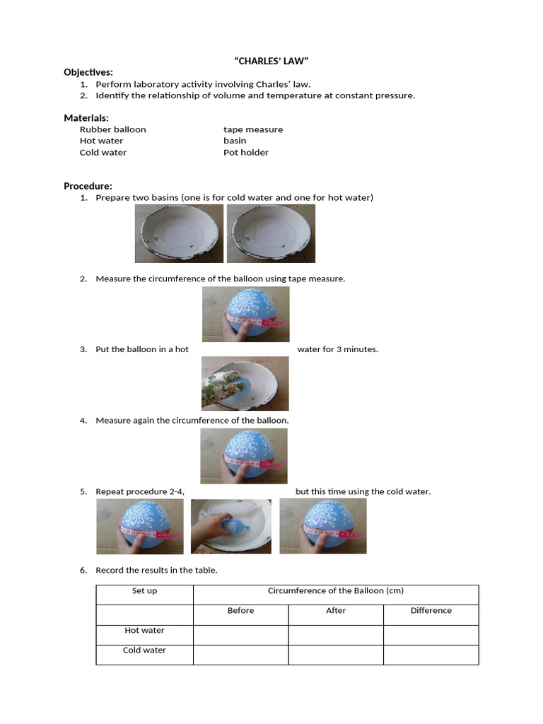 Charles' Law Balloon Experiment Guide | PDF | Balloon | Temperature