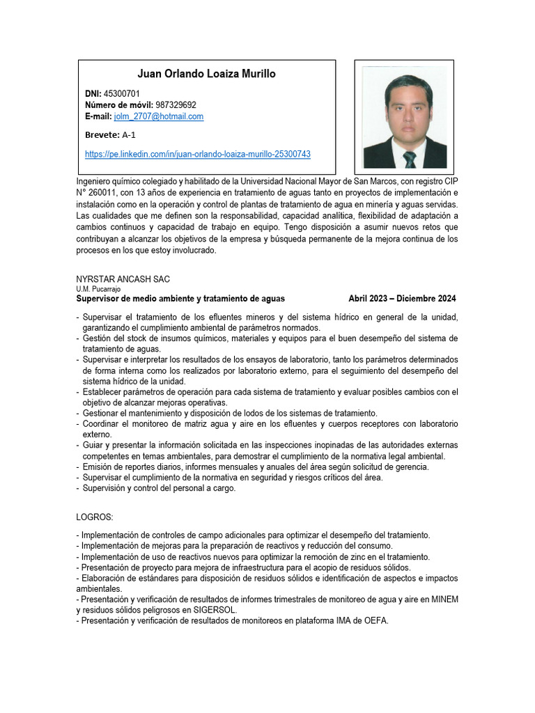Juan Loaiza - Currículum Vitae - Documentado | PDF | Agua | Laboratorios