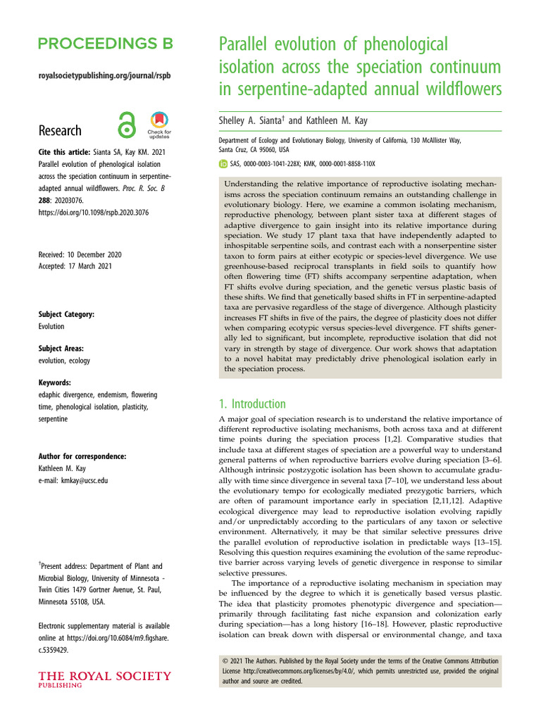 Sianta Kay Parallel Evolution of Phenological Isolation Across The ...
