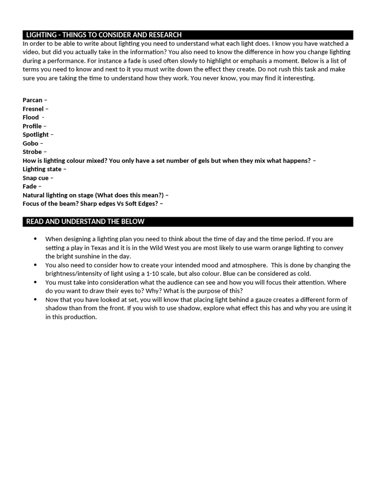 AQA Drama Lighting Design Worksheet | PDF | Light