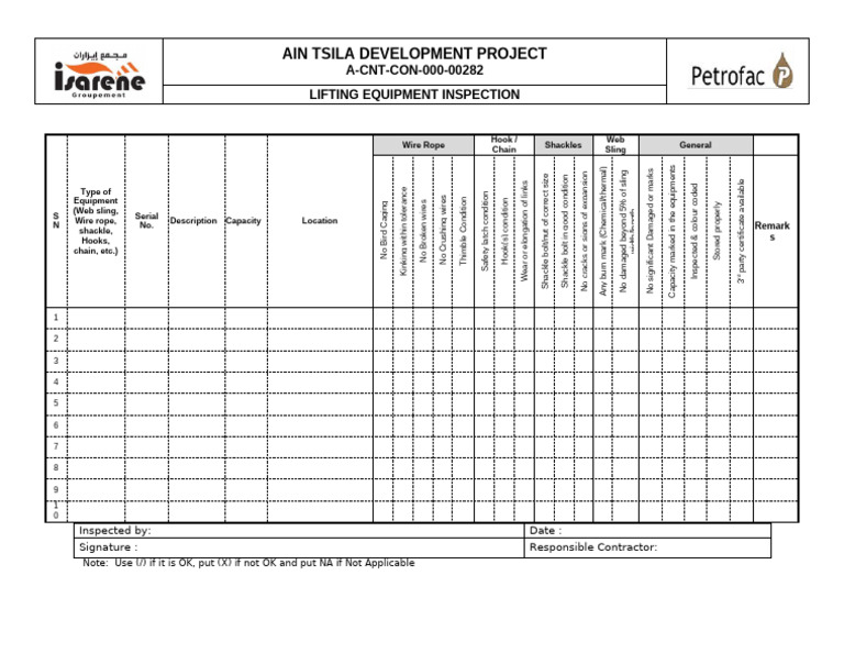 Lifting Equipment Inspection Checklist | PDF | Manufactured Goods