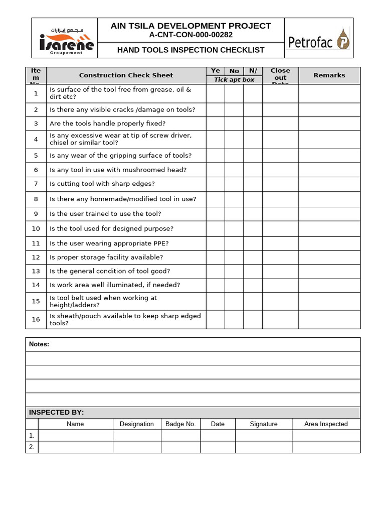 Hand Tools Inspection Checklist | PDF