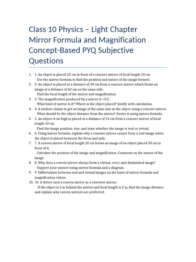 Mirror Formula Magnification PYQ Questions Class10 | PDF