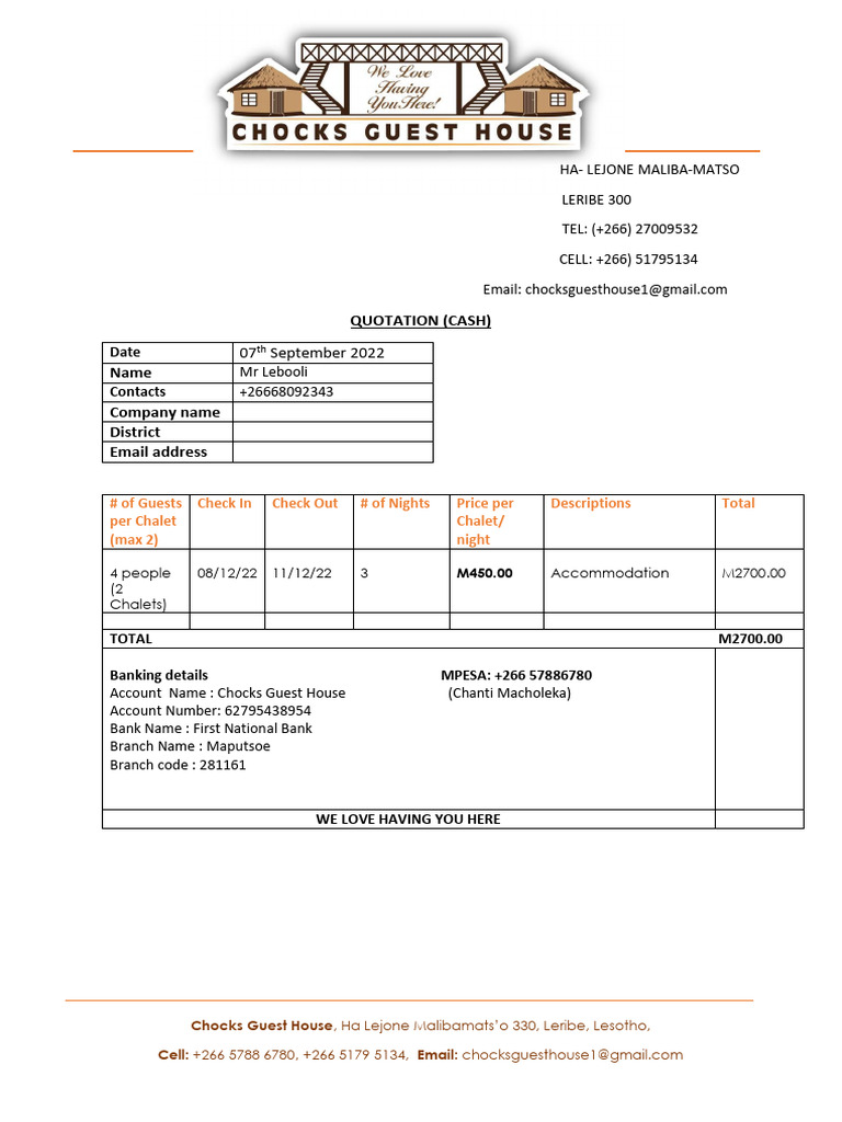 Chocks Guest House Quotation | PDF