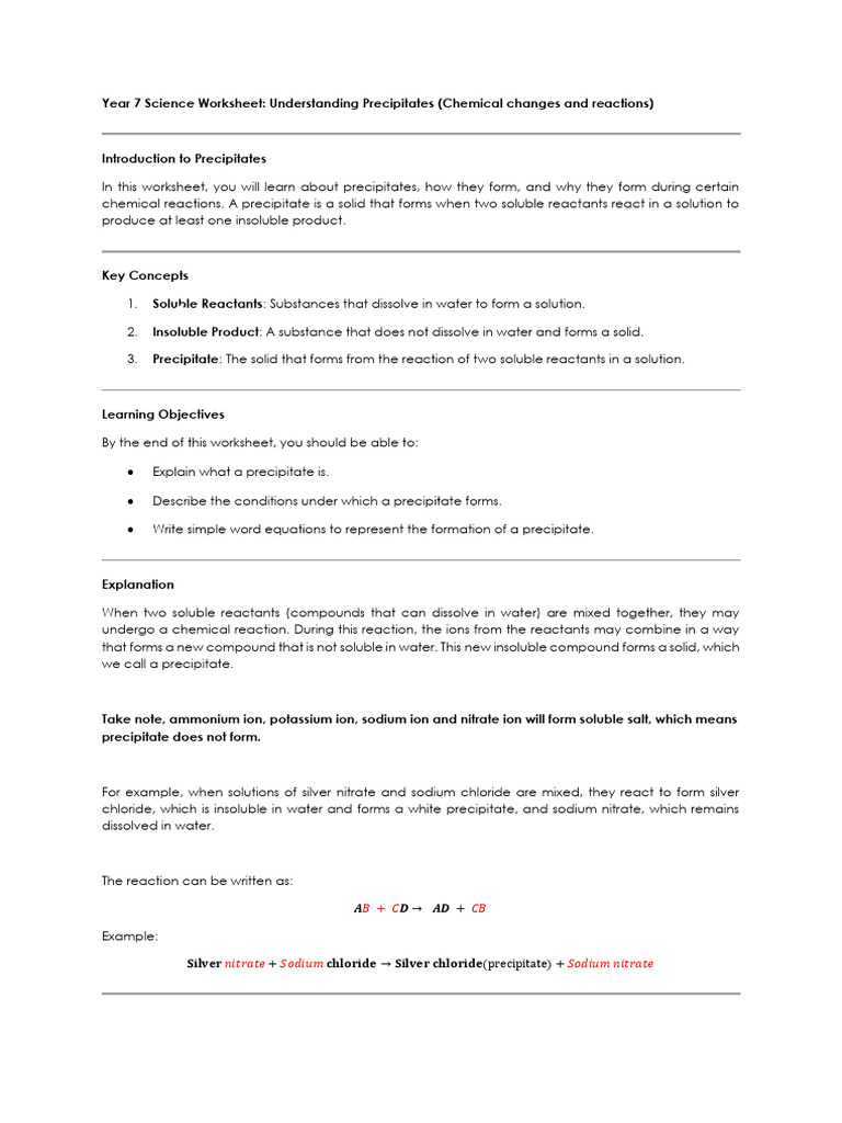 Worksheet Understanding Precipitates (Chemical Changes and Reactions ...