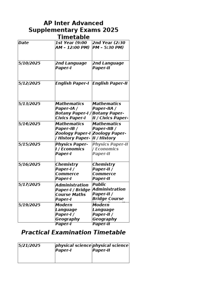 AP Inter Advanced Supplementary Exams 2025 Timetable | PDF