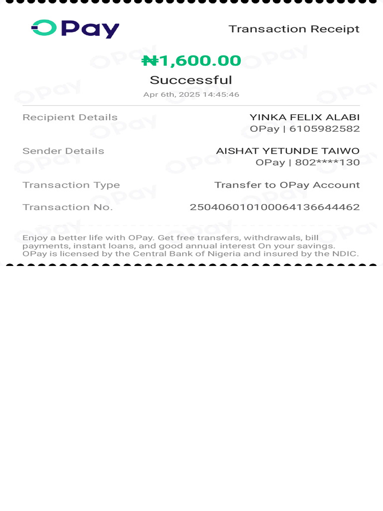 OPAY Transaction Receipt - Apr 2025 | PDF