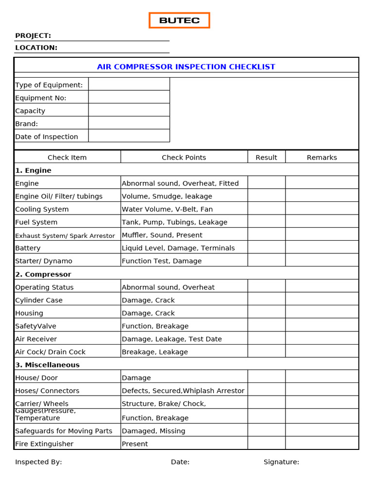 Air Compressor Inspection Checklist | PDF