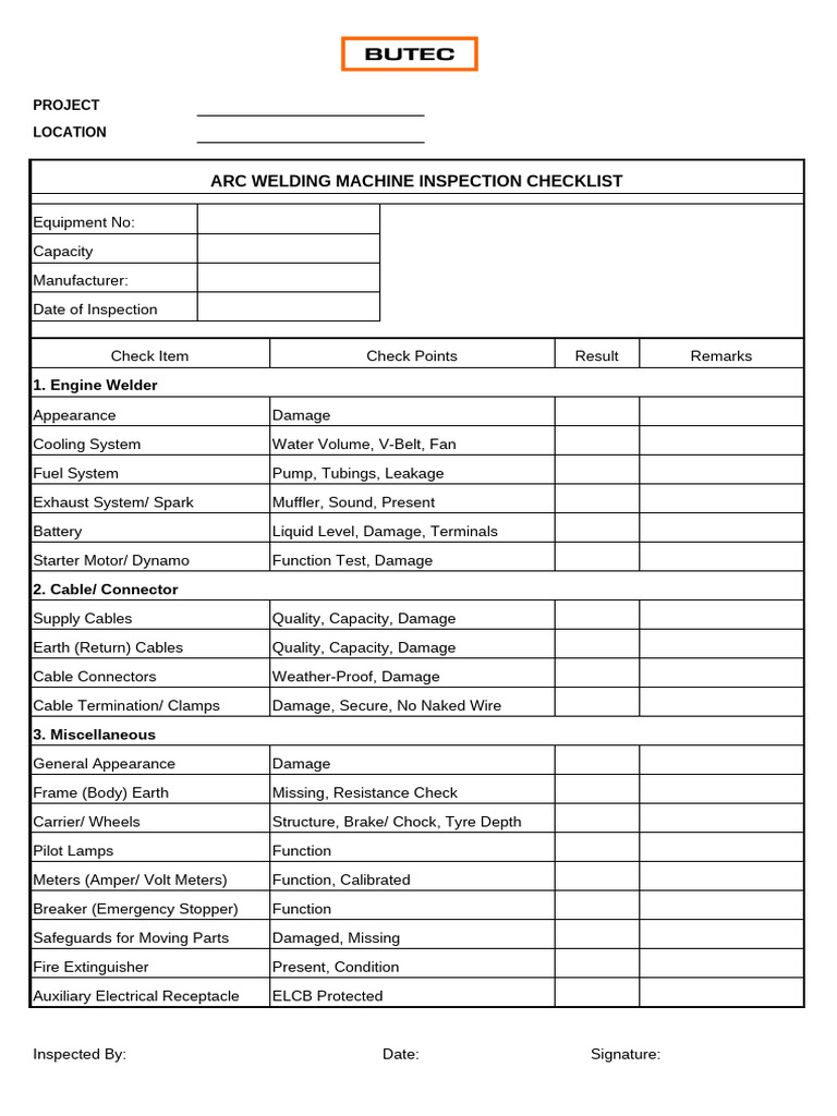 Arc Welding Machine Inspection Checklist | PDF