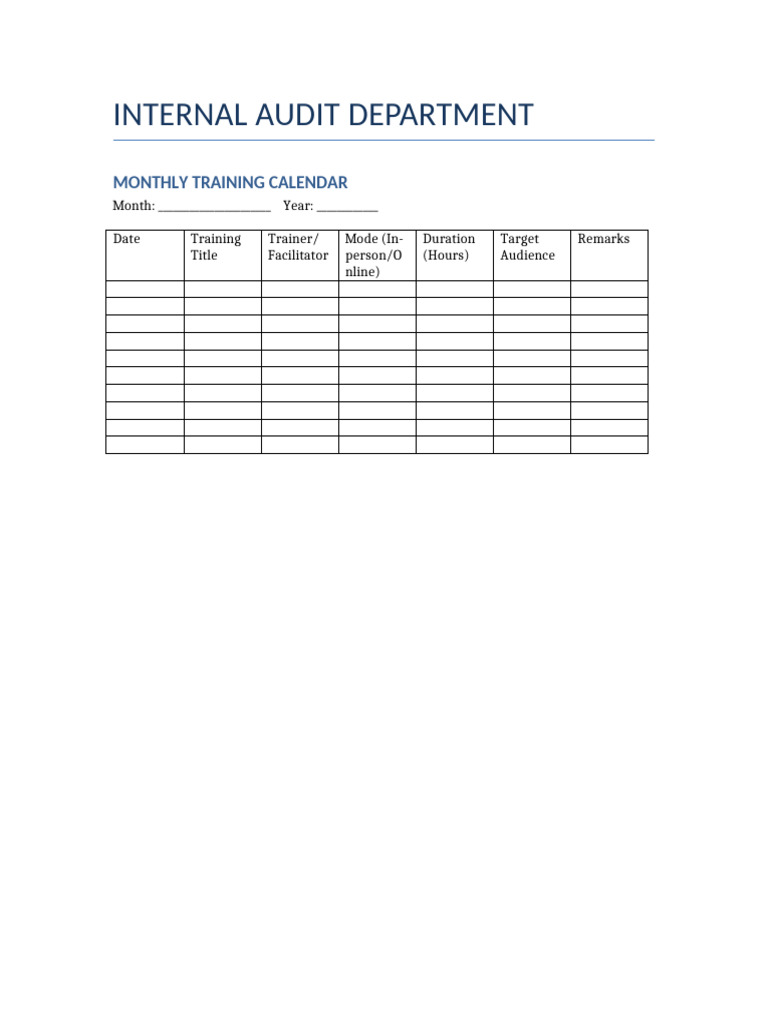 Monthly Training Calendar Internal Audit | PDF