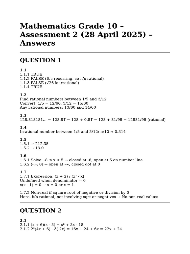 Grade 10 Assessment 2 Answers | PDF | Mathematics | Numbers