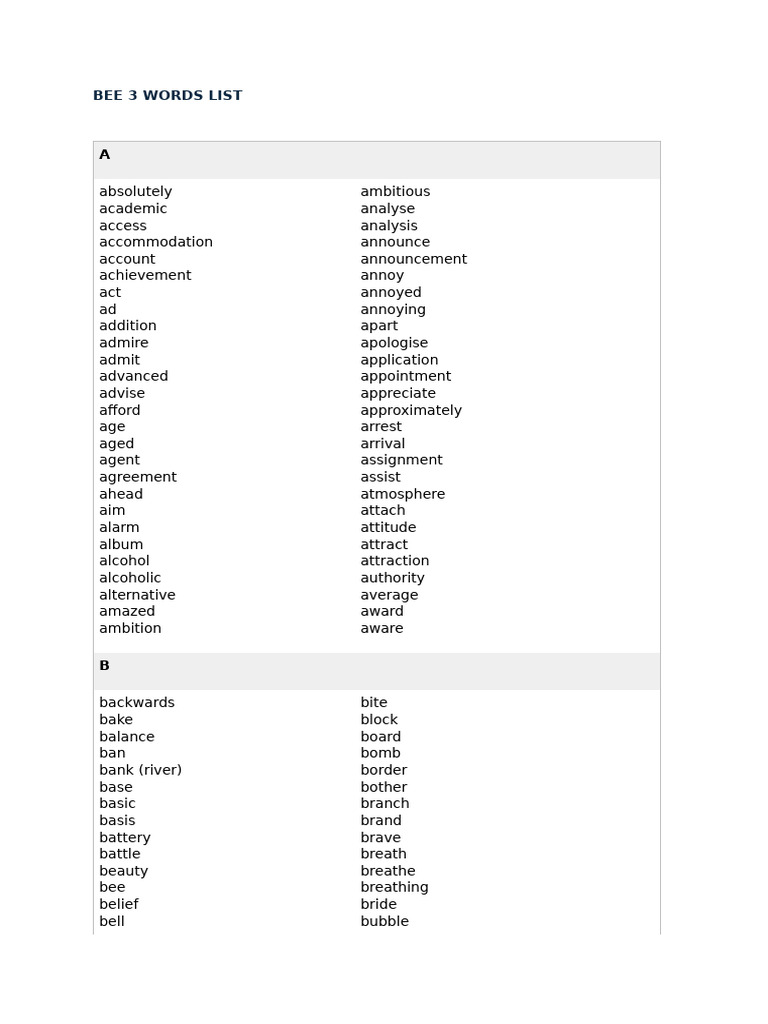 BEE 3 WORDS LIST | PDF