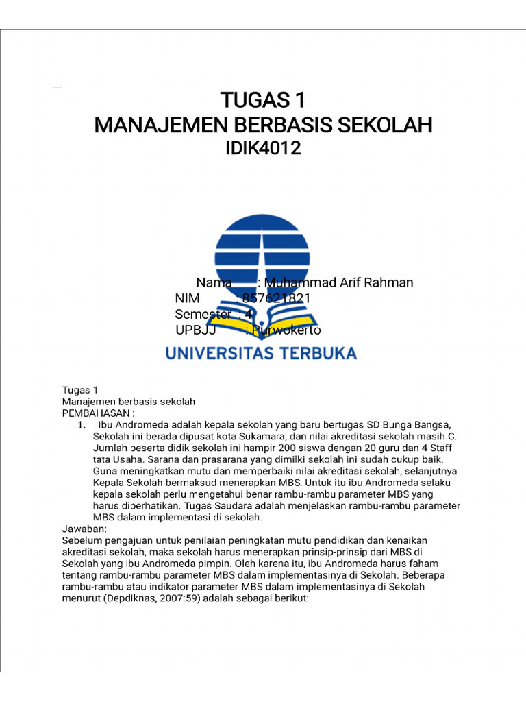 Tugas 1 Arif Manajemen Berbasis Sekolah | PDF