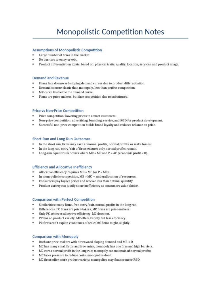 Monopolistic Competition Notes IB Econ HL | PDF