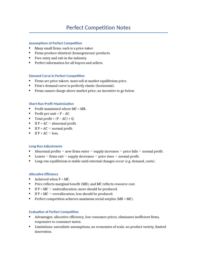 Perfect Competition Notes IB Econ HL | PDF