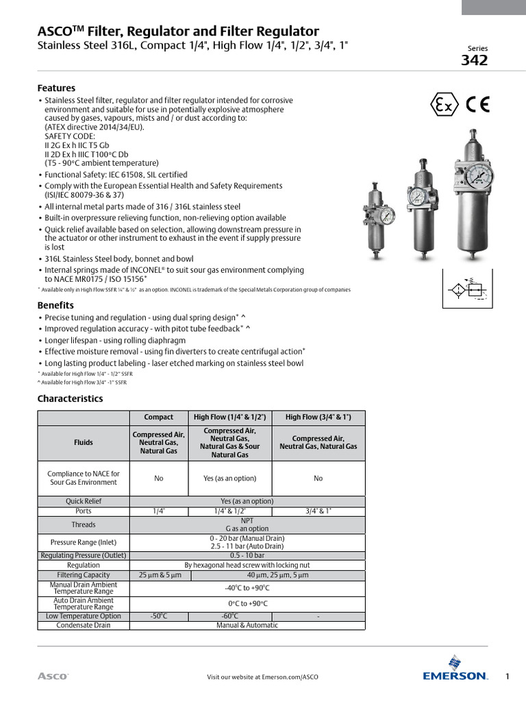 ASCO 342 Series Filter Regulators | PDF | Filtration | Stainless Steel