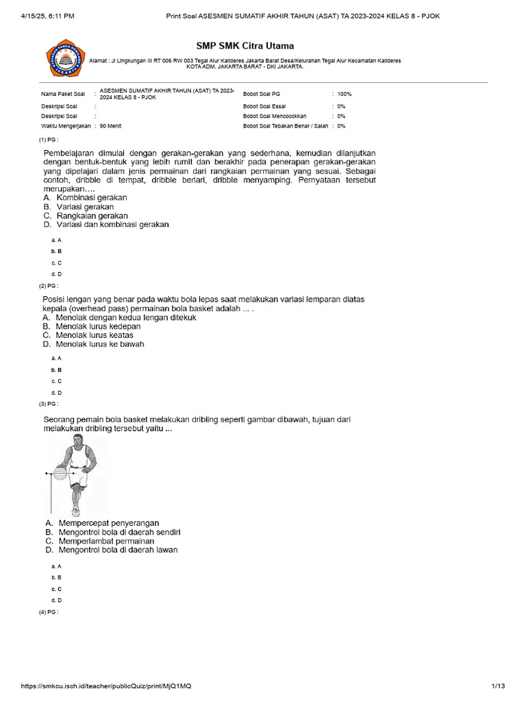Print Soal ASESMEN SUMATIF AKHIR TAHUN (ASAT) TA 2023-2024 KELAS 8 - PJOK | PDF