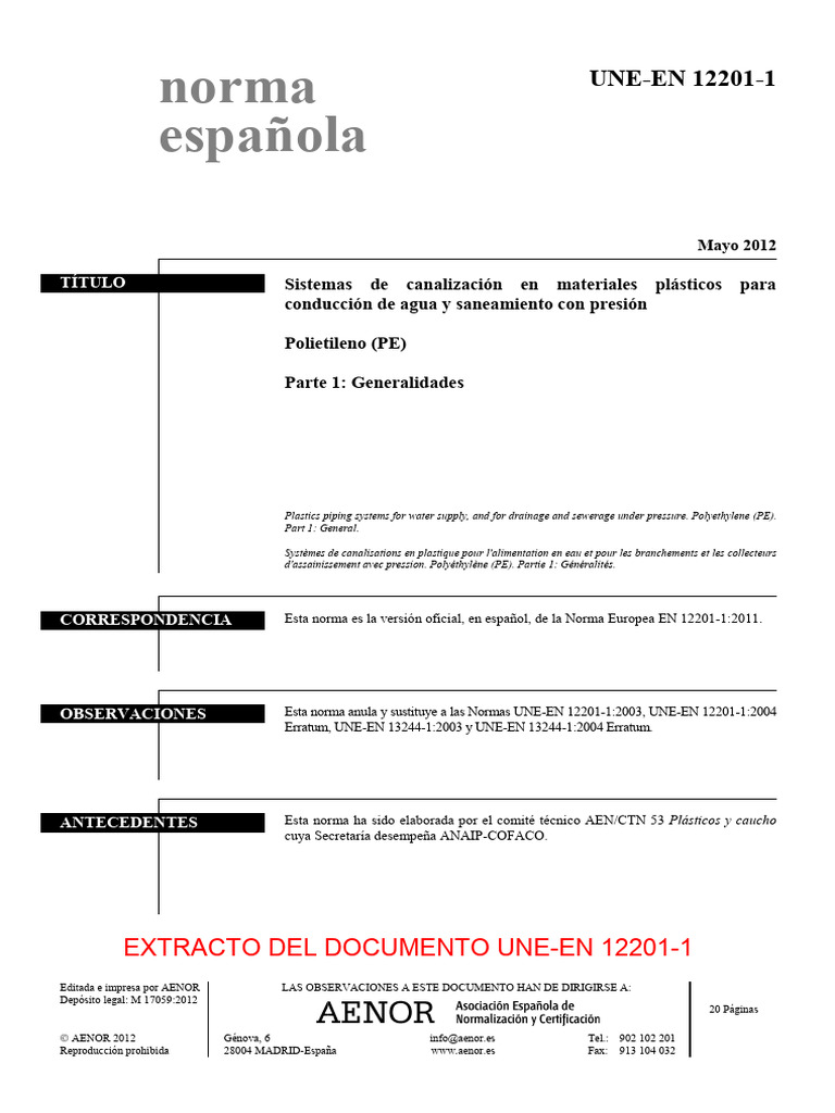 Norma UNE-EN 12201: Sistemas PE | PDF | El plastico | Calorimetría ...
