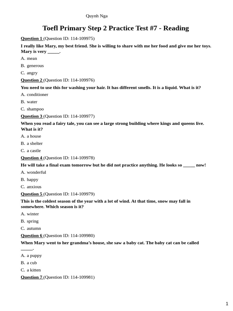 TOEFL Primary Practice Test #7 Answers | PDF | Tyrannosaurus | Taco
