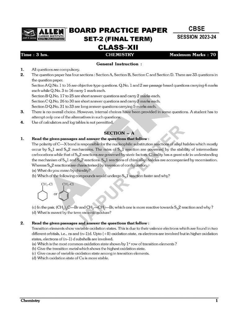 Chemistry Class XII Paper 2 (SC) | PDF