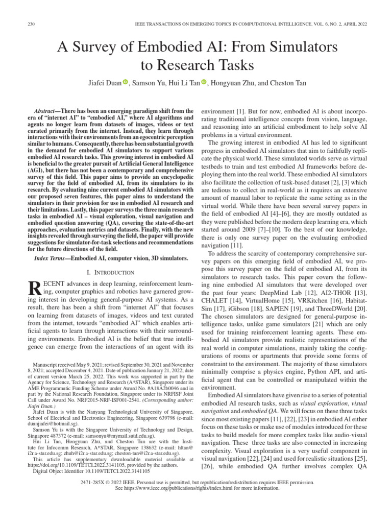 Qy - A Survey of Embodied Ai From Simulators To Researchtasks | PDF ...