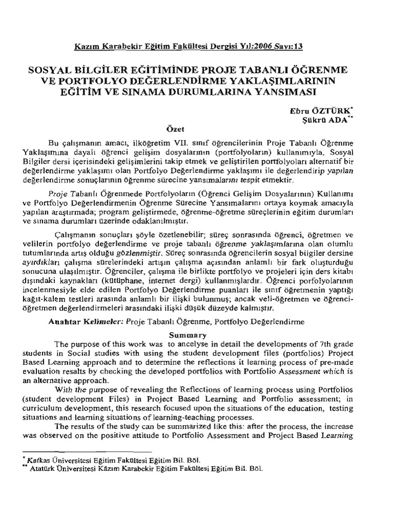 Sosyal b Lg Ler e t m Nde Proje Tabanli Renme Ve Portfolyo de Erlend Rme Yakla Imlarinin e t m ...