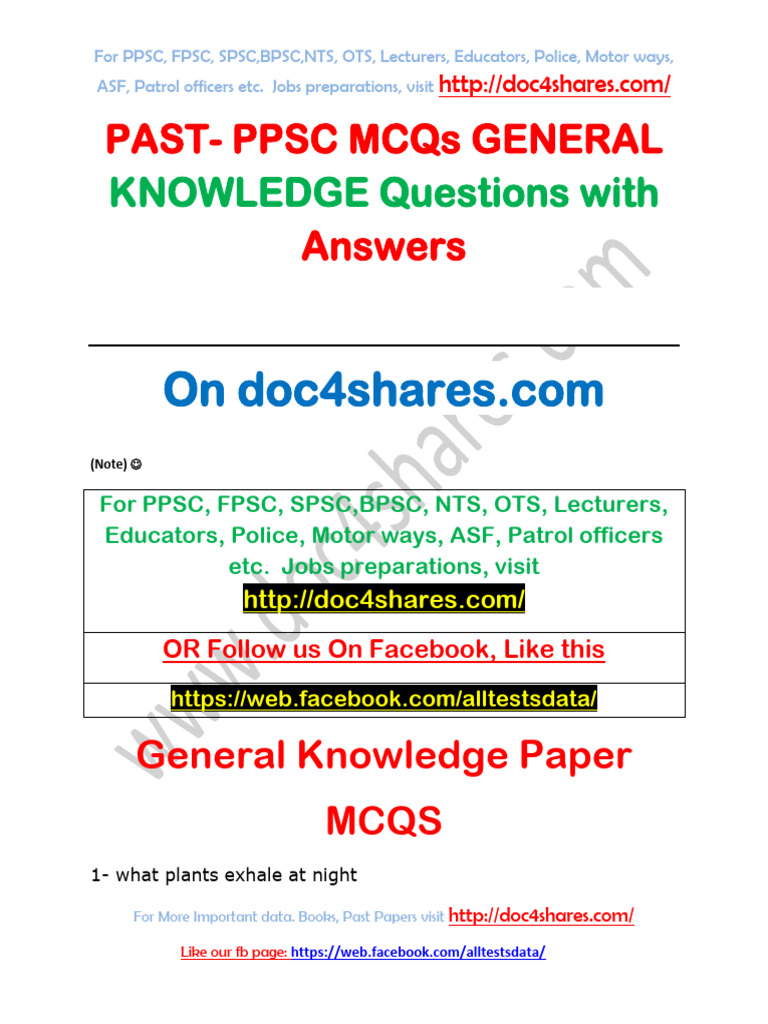 Past - PPSC Mcqs General Knowledge Questions With Answers | PDF