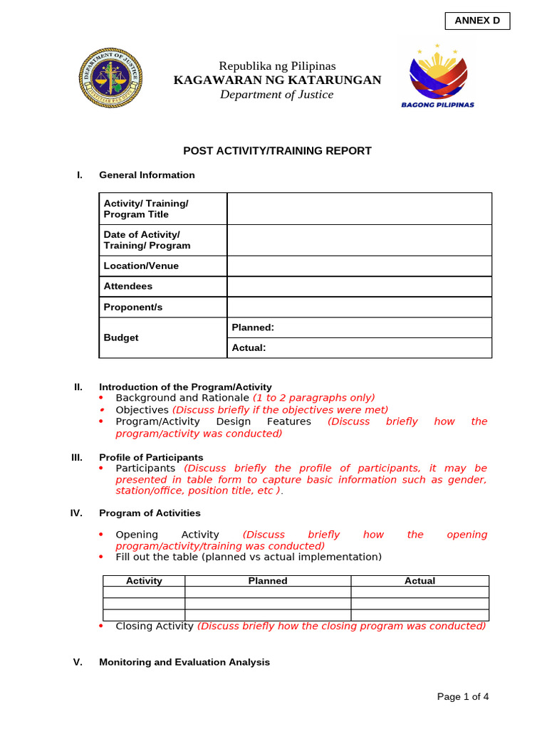 Annex D - Post Activity Report Template | PDF | Cognition