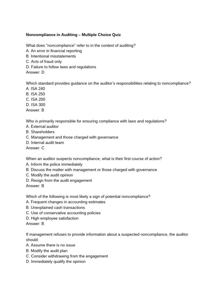 Noncompliance in Auditing - Multiple Choice Quiz | PDF