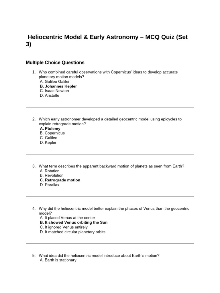 Heliocentric Model & Early Astronomy - MCQ Quiz (Set 3) | PDF